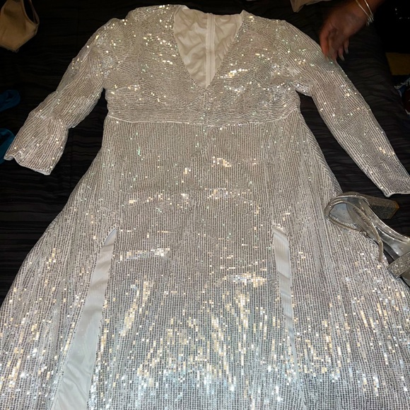 Dresses | Silver Sequence Evening Gown With Sexy Splits In Front | Poshmark